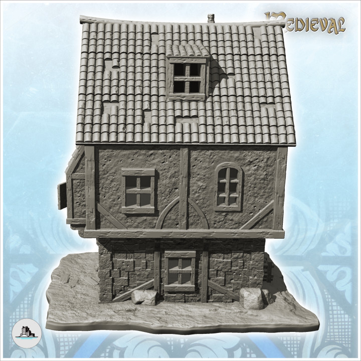 3D Printable Large medieval house with tiled roof, overhanging floor ...