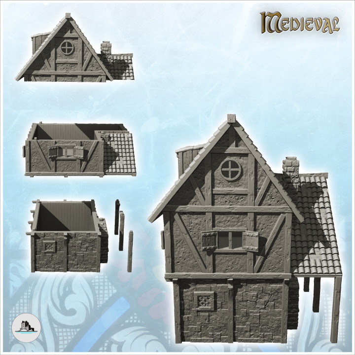 3D Printable Large medieval stone house with tile roof and window ...