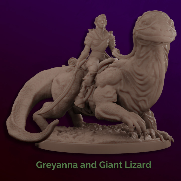 3D Printable Greyanna and Giant Lizard - Drow Ranger by Artificers_Mini