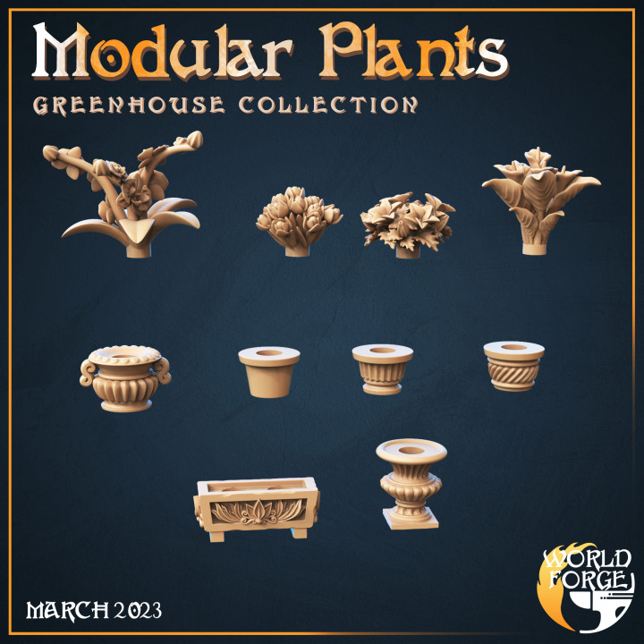 3D Printable Flowers and Plant Pots (modular) by World Forge Miniatures