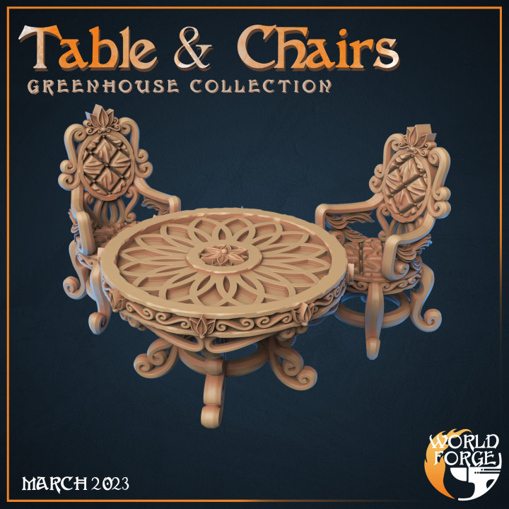 3D Printable Gothic Table & Chairs by World Forge Miniatures
