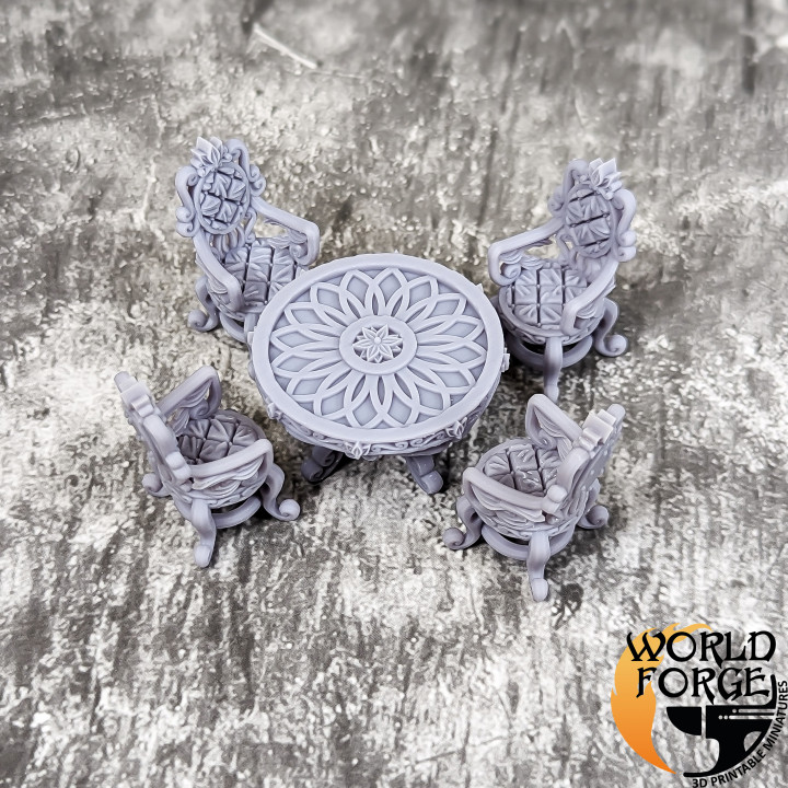 3D Printable Gothic Table & Chairs by World Forge Miniatures