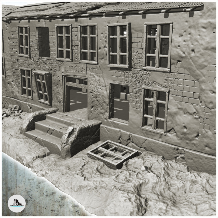 3D Printable Large public building in ruins with inner courtyard and ...