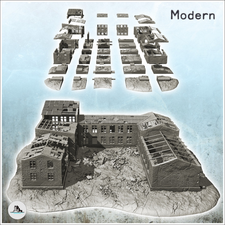 3D Printable Large public building in ruins with inner courtyard and ...