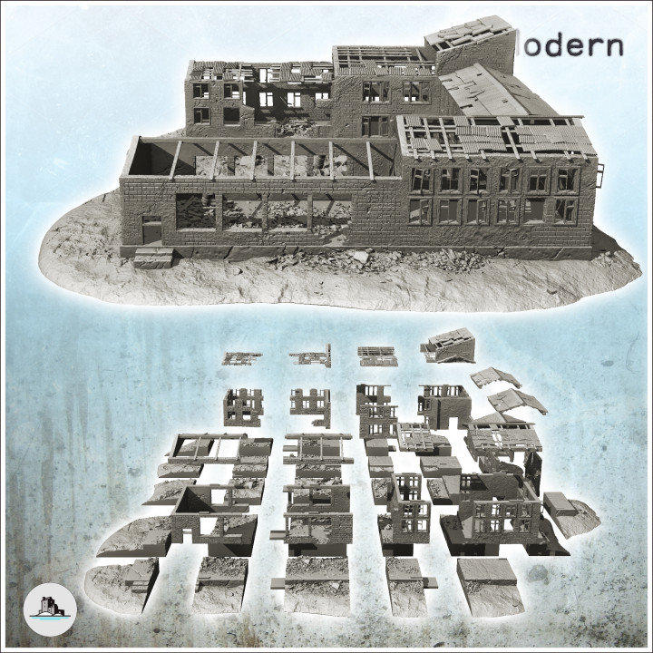 3D Printable Large public building in ruins with inner courtyard and ...