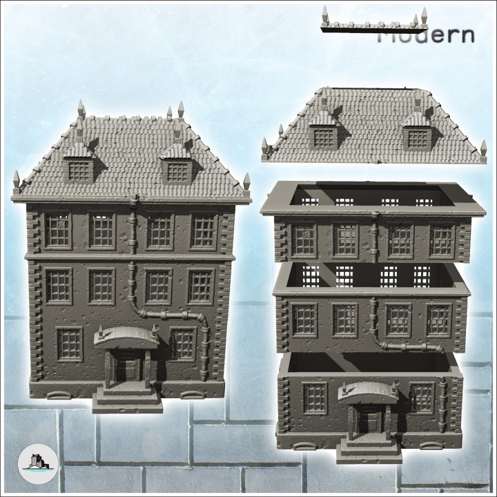 3D Printable Large modern house with roof spikes and triple floors (6 ...