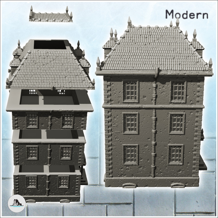 3D Printable Large modern house with roof spikes and triple floors (6 ...