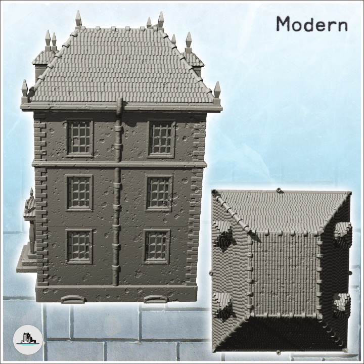 3D Printable Large modern house with roof spikes and triple floors (6 ...