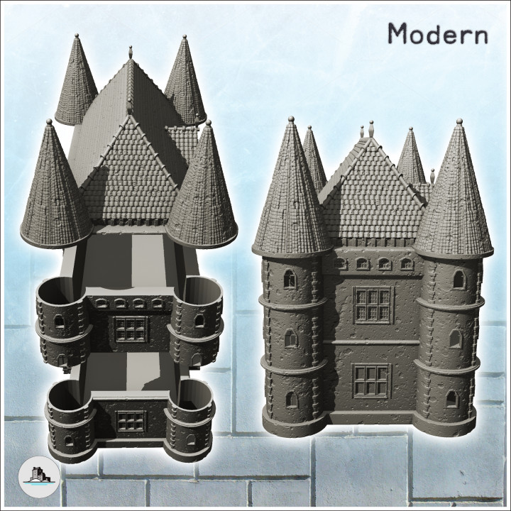 3D Printable Large modern castle with quadruple corner towers and ...
