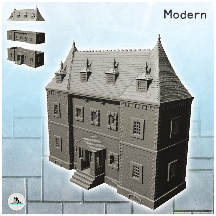 3D Printable Large modern house with high spiked roof and canopy ...
