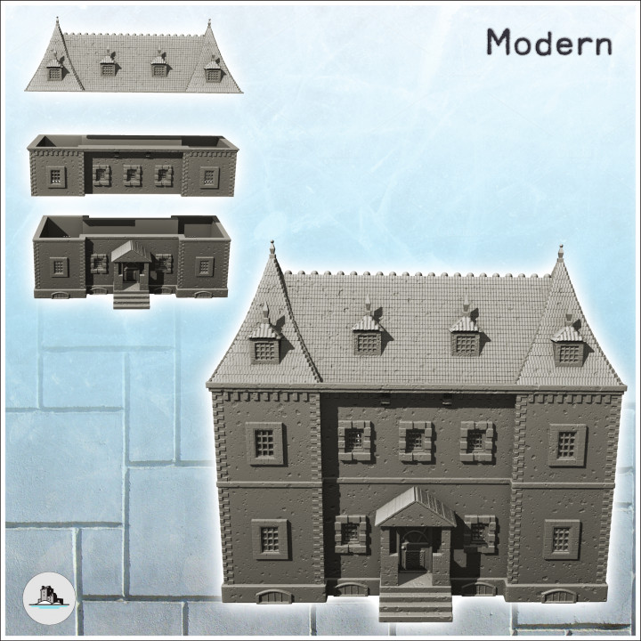 3D Printable Large modern house with high spiked roof and canopy ...