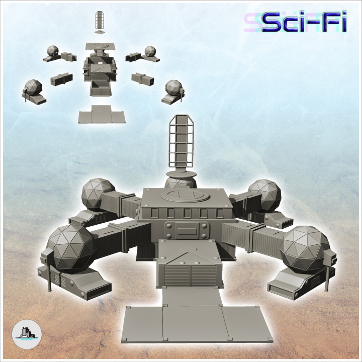3D Printable Large futuristic base with four corner domes and landing ...