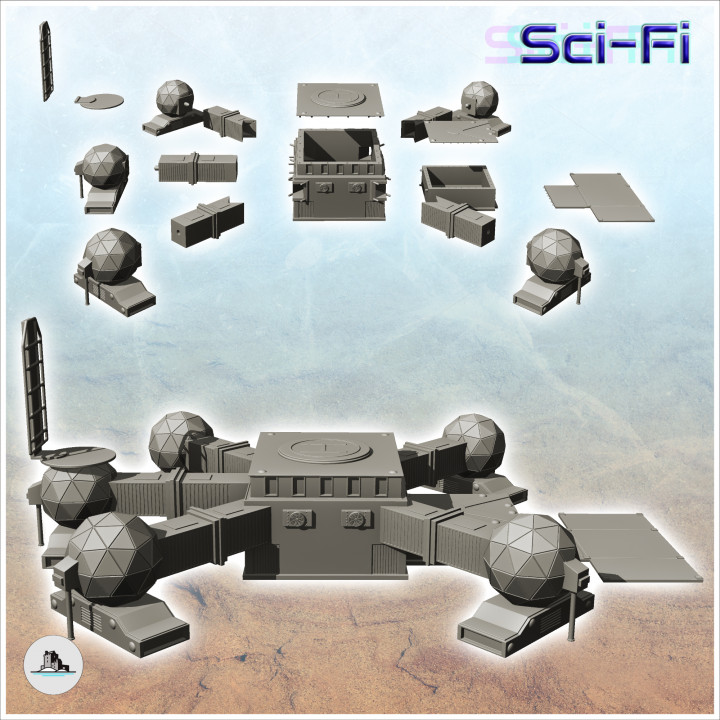 3D Printable Large futuristic base with four corner domes and landing ...