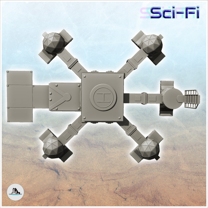 3D Printable Large futuristic base with four corner domes and landing ...
