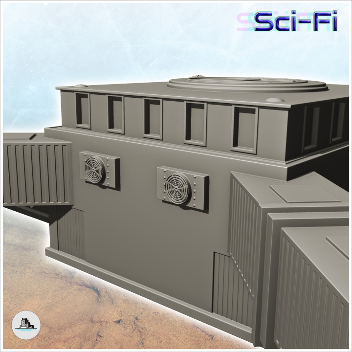 3D Printable Large futuristic base with four corner domes and landing ...