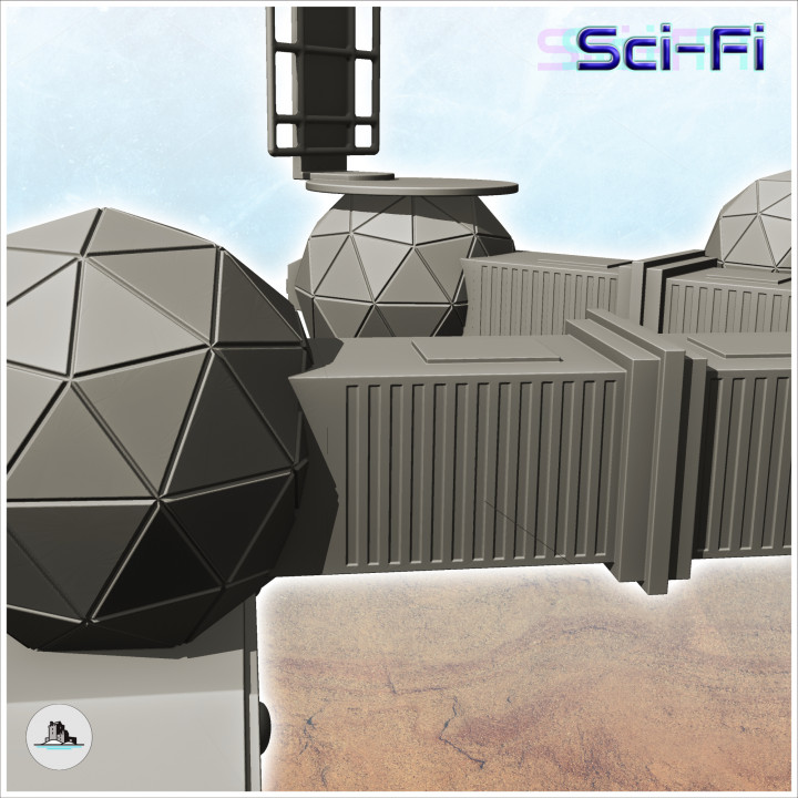 3D Printable Large futuristic base with four corner domes and landing ...