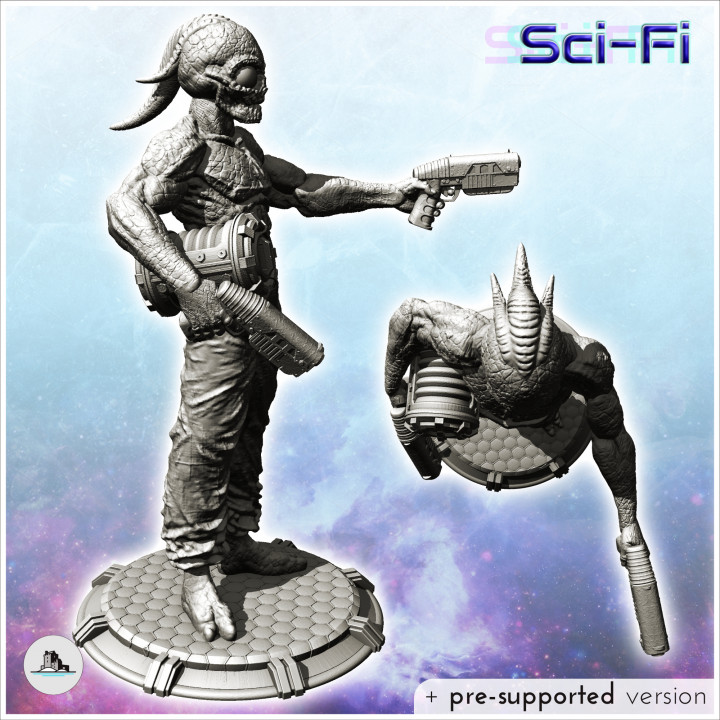 3D Printable Scaly-skinned alien warrior with double laser guns (13 ...