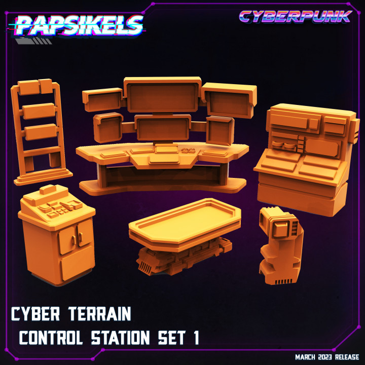 3D Printable CYBER TERRAIN CONTROL STATION SET 1 by PAPSIKELS MINIATURES