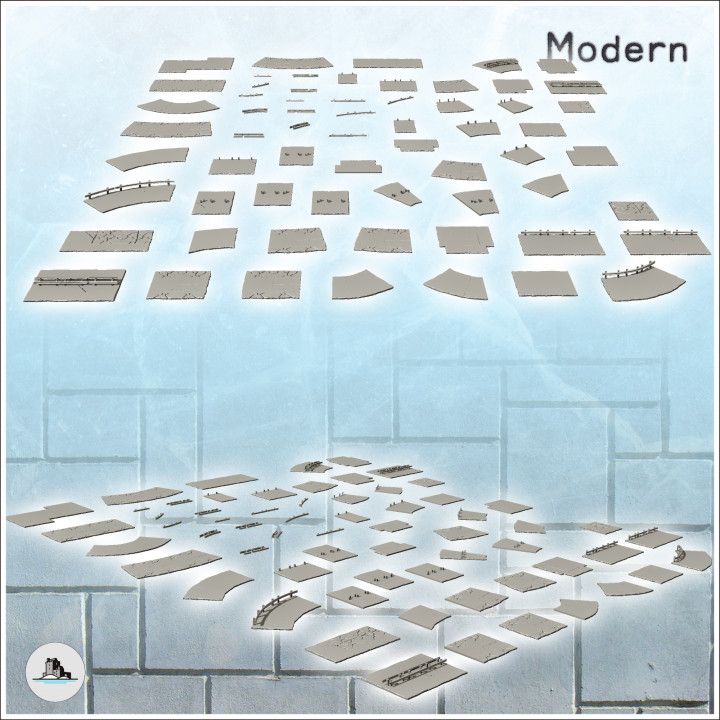 3D Printable Large modular set of modern roads with metal barriers (3 ...
