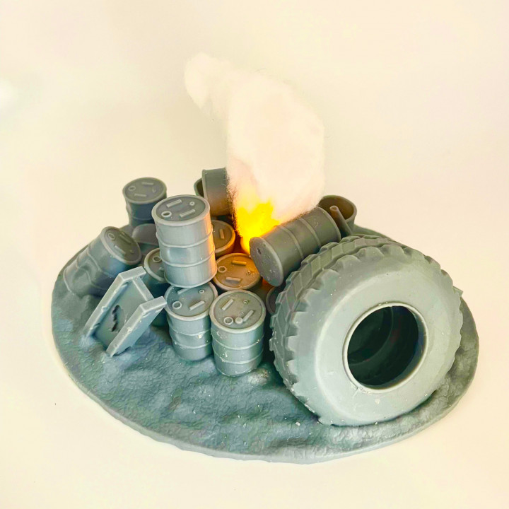 3D Printable Burning Pile o' Scrap and Barrels by Custom Miniature Maker