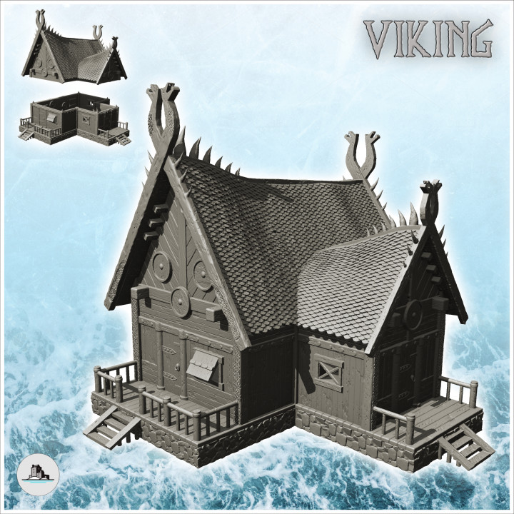 3D Printable Wooden viking house on platform with double stairs and ...