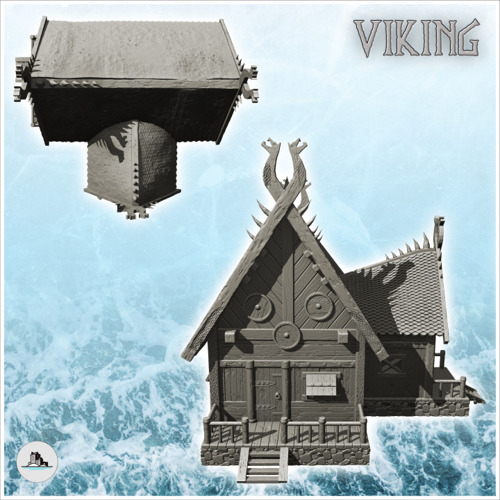 3D Printable Wooden viking house on platform with double stairs and ...