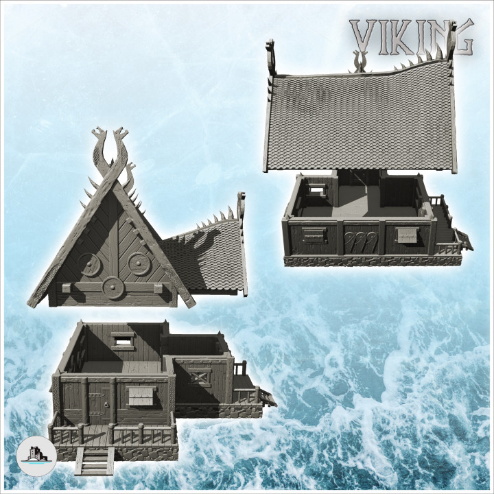 3D Printable Wooden viking house on platform with double stairs and ...