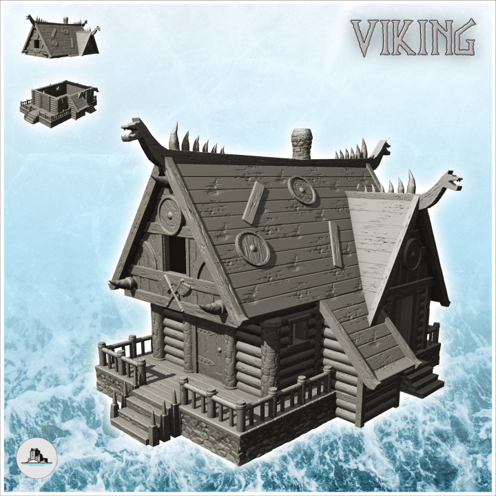 3D Printable Viking log building with access stairs and fireplace (14 ...