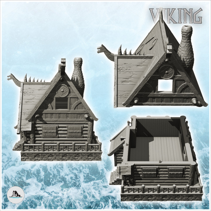 3D Printable Viking log building with access stairs and fireplace (14 ...