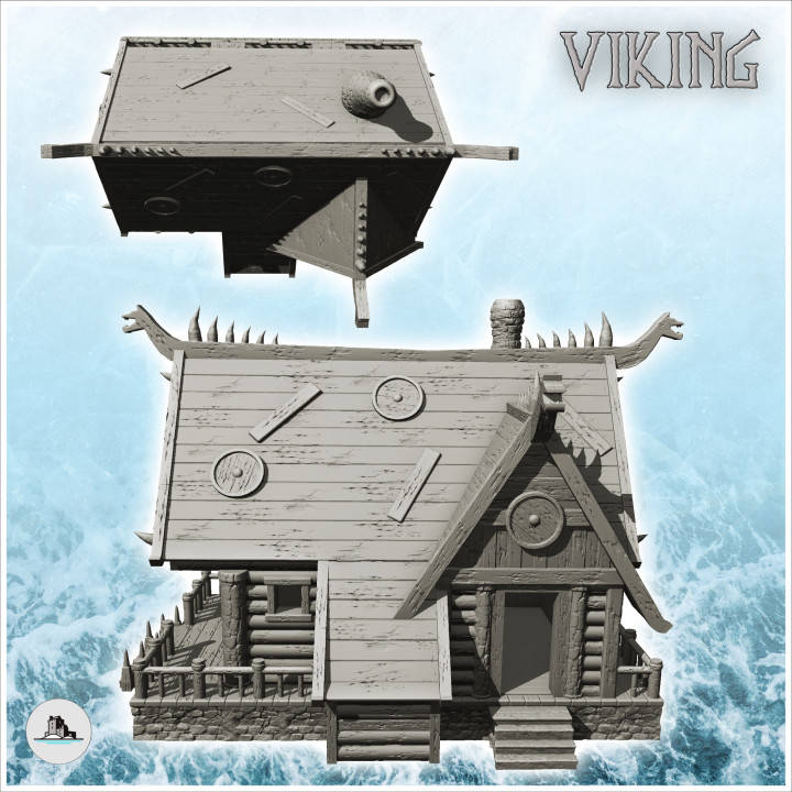 3D Printable Viking log building with access stairs and fireplace (14 ...