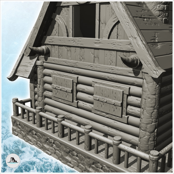 3D Printable Viking log building with access stairs and fireplace (14 ...