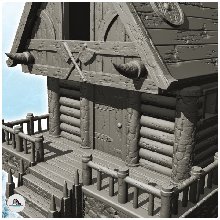 3D Printable Viking log building with access stairs and fireplace (14 ...