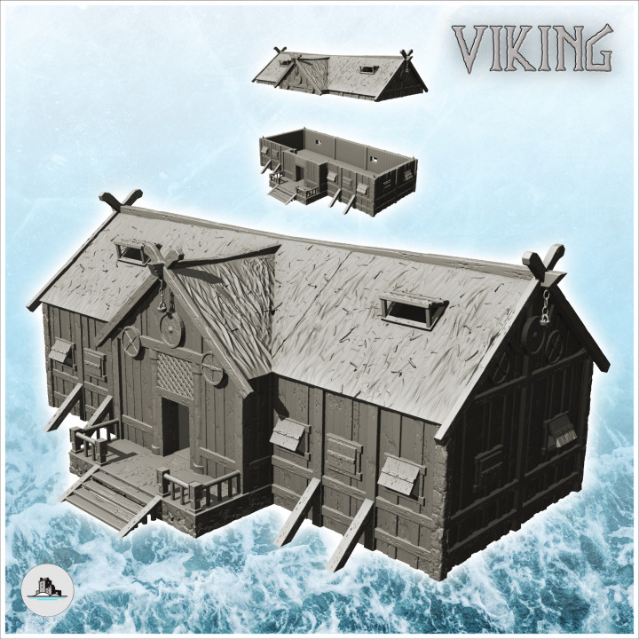 3D Printable Wooden Viking building with access stairs and pediment ...