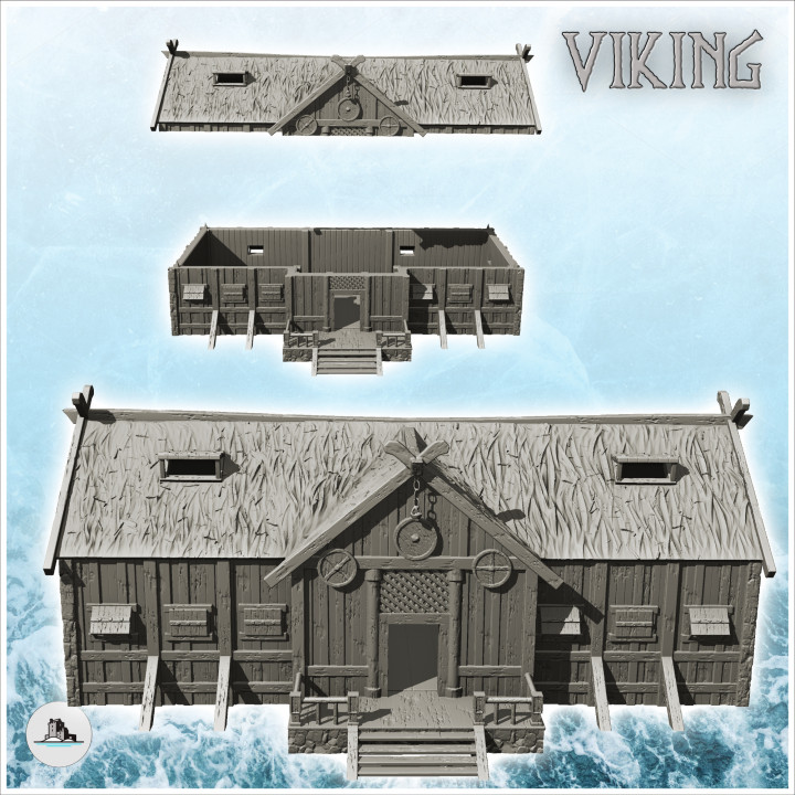 3D Printable Wooden Viking building with access stairs and pediment ...
