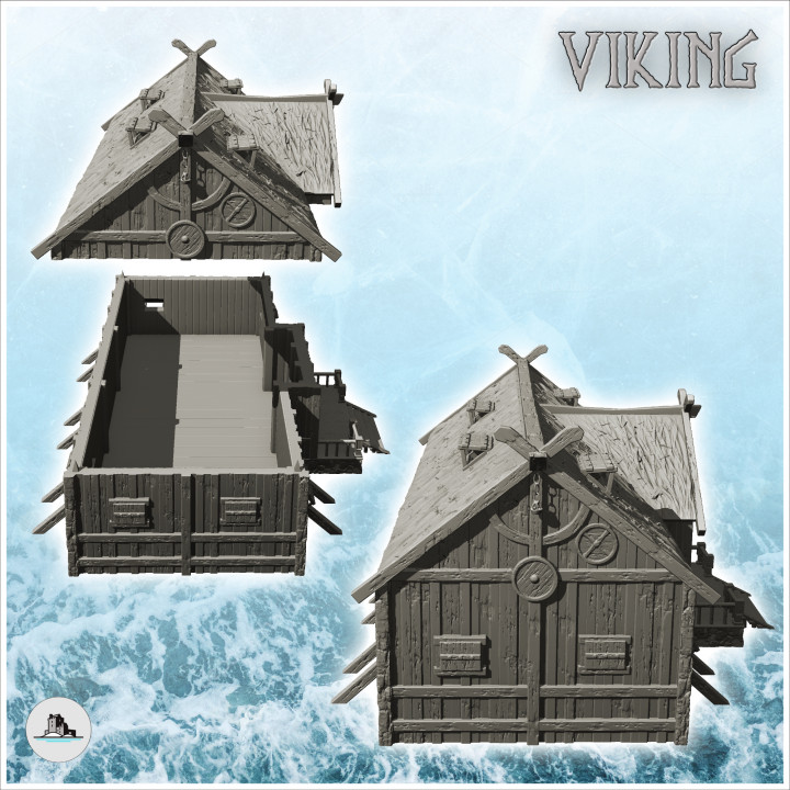 3D Printable Wooden Viking building with access stairs and pediment ...