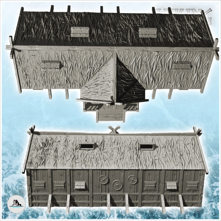 3D Printable Wooden Viking building with access stairs and pediment ...