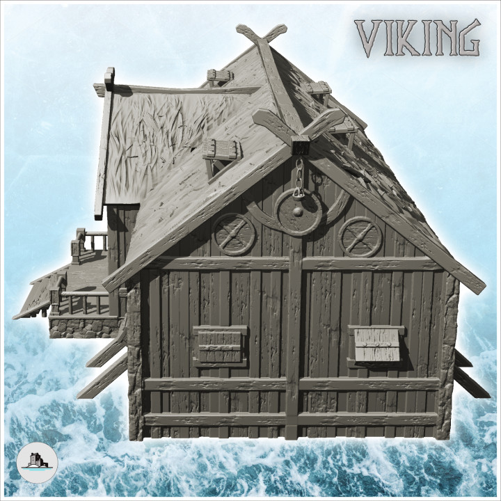 3D Printable Wooden Viking building with access stairs and pediment ...