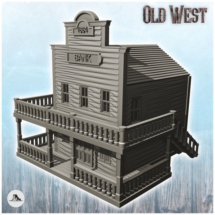 3D Printable Western bank building with stairs and balcony (4) - USA ...