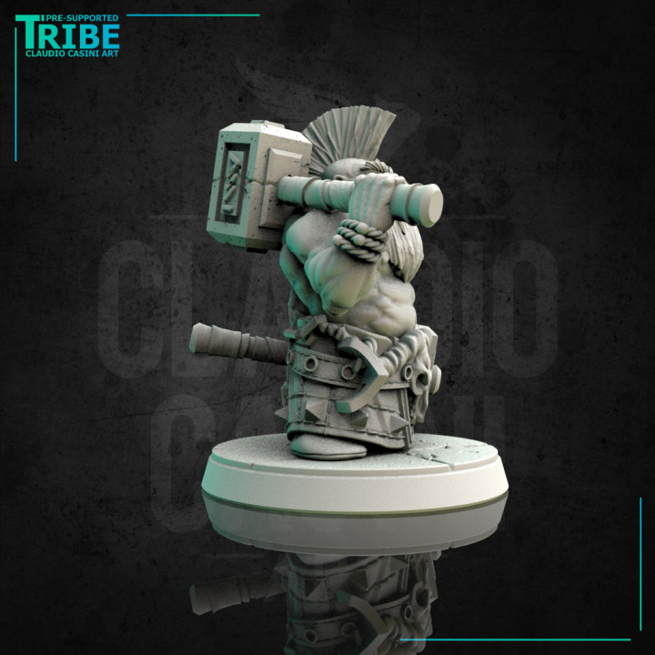 3D Printable (0119) Male dwarf barbarian warrior with two hammers by Claudio Casini Art