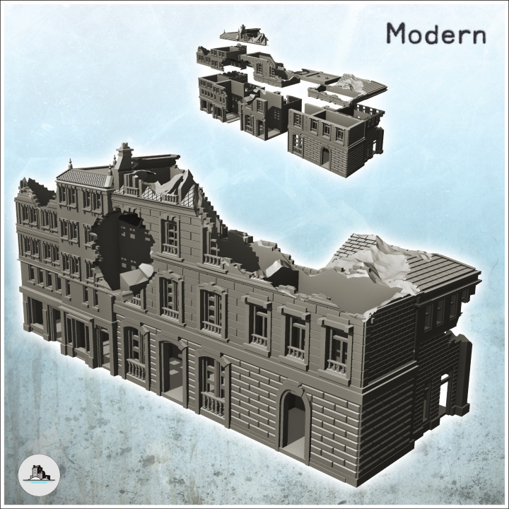 3D Printable Group of European multi-storey buildings (ruined version ...