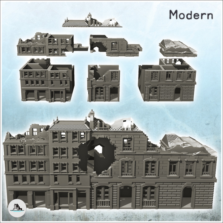 3D Printable Group of European multi-storey buildings (ruined version ...