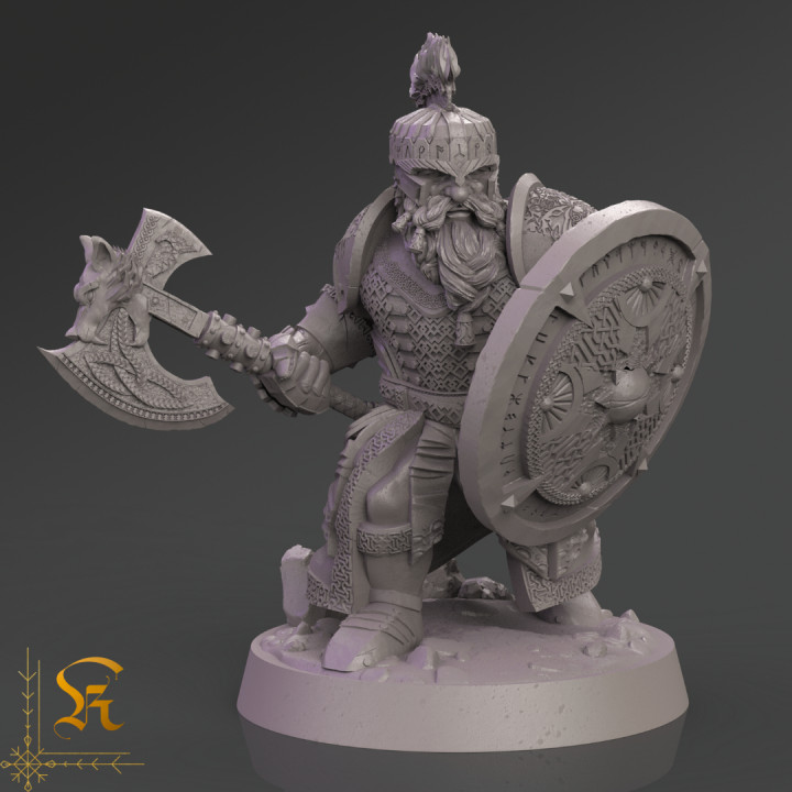 3D Printable Dwarven Warrior 1 (28mm & 32mm & 75mm) by Krizzart Miniatures