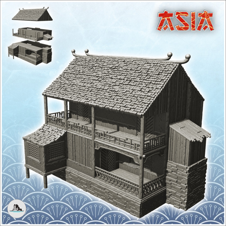 3D Printable Asian building with annexes and double balconies (18 ...