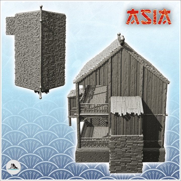 3D Printable Asian building with annexes and double balconies (18 ...