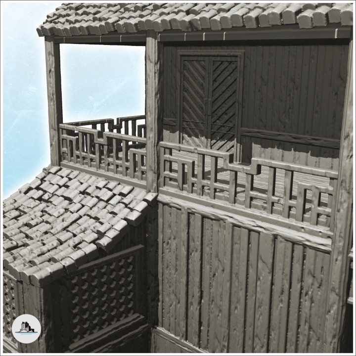 3D Printable Asian building with annexes and double balconies (18 ...