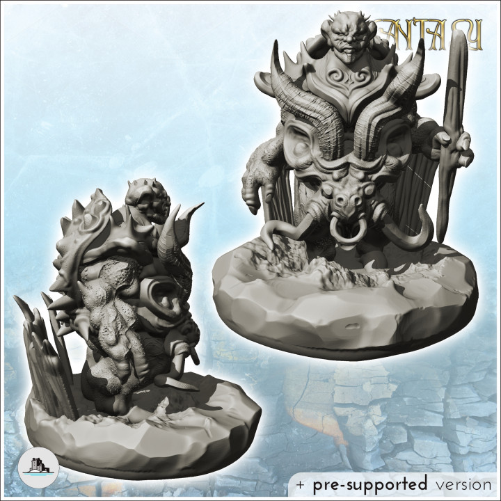 3D Printable Evil creature with large belly armor with horns and wooden ...