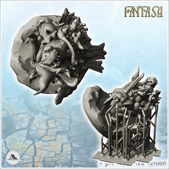 3D Printable Evil creature with large belly armor with horns and wooden ...