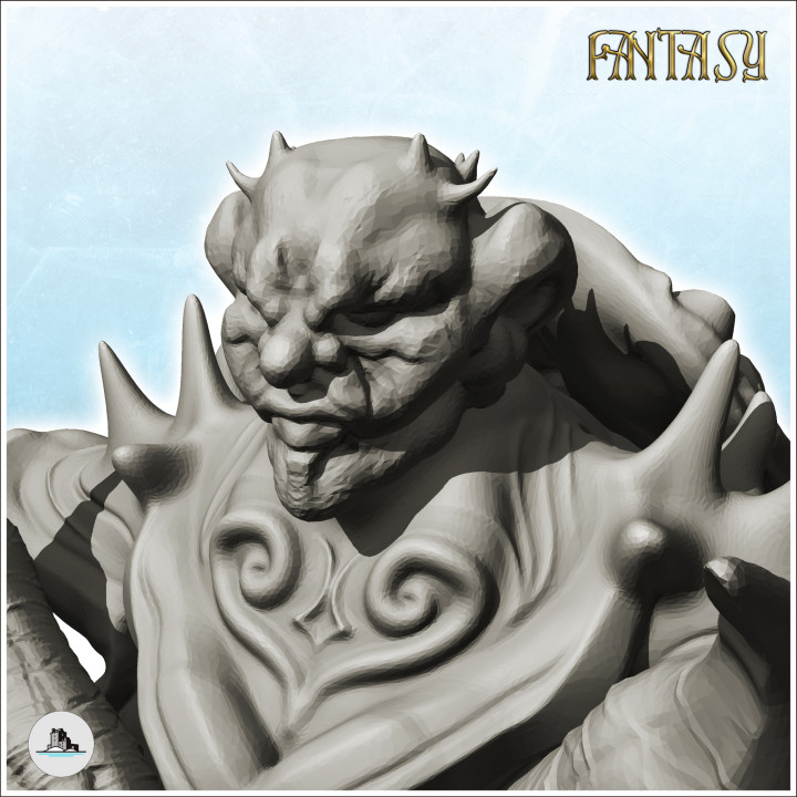 3D Printable Evil creature with large belly armor with horns and wooden ...