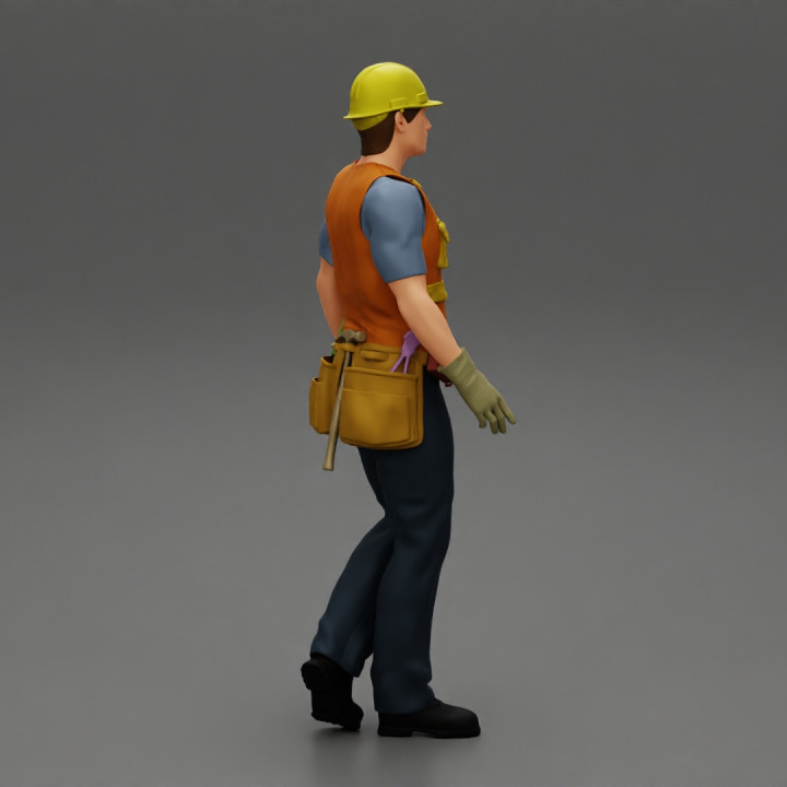 3D Printable construction worker with a helmet and tool belt walking by ...