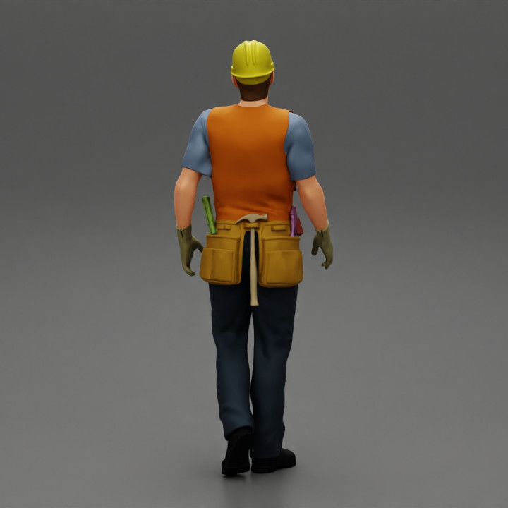 3D Printable construction worker with a helmet and tool belt walking by ...